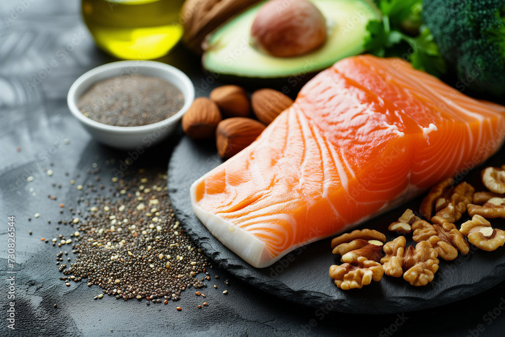foods rich in omega 3. red fish steak, olive oil, avocado, walnuts ...
