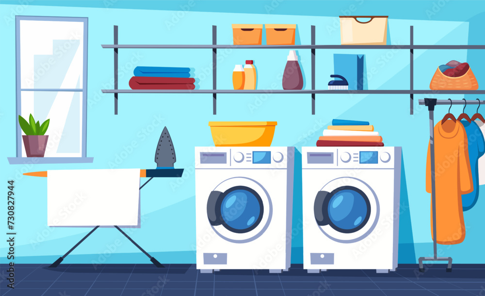 Laundry background. domestic washing clothes laundry concept, cartoon ...