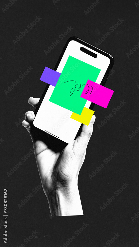 Poster. Contemporary art collage. Hand holding a smartphone with ...