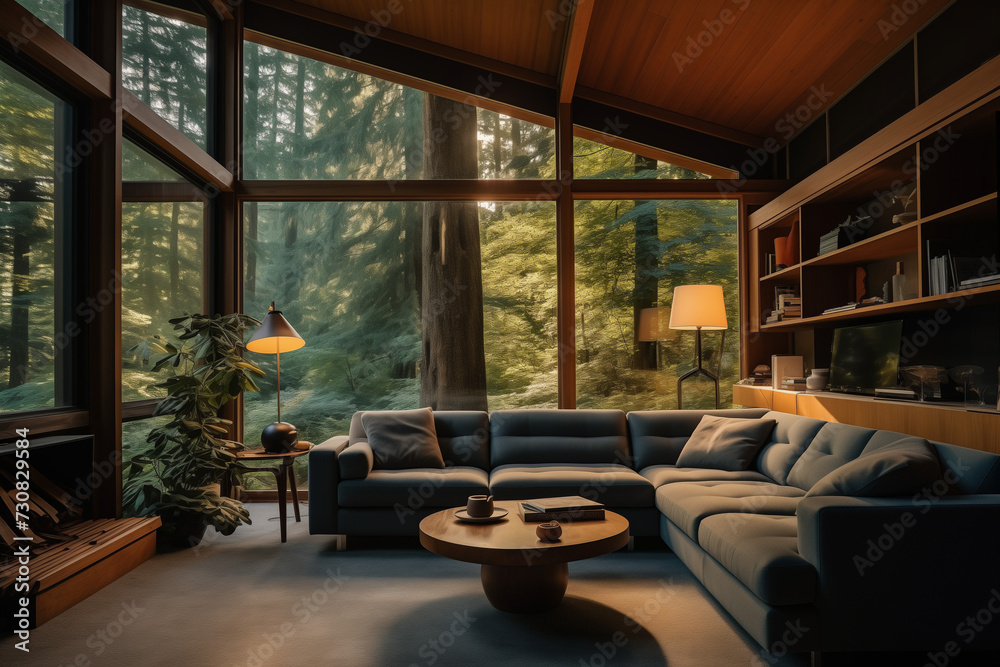 Mid-century loft home interior design of modern living room in house in ...