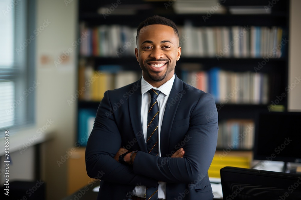 diverse young adult male school principal in his modern office smiling. Education career and ...