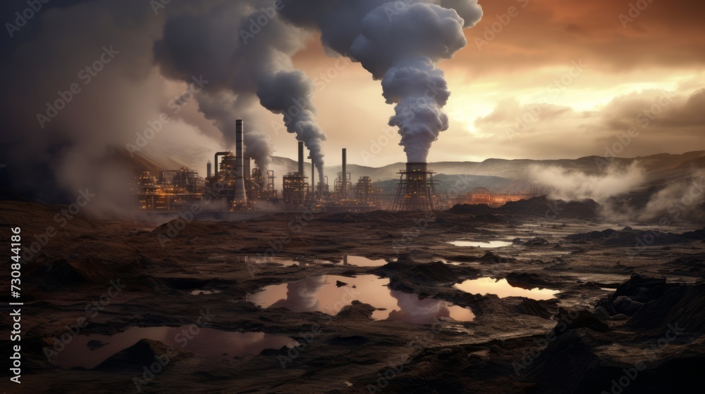 Enterprises, factories with thick smoke against the sky at sunset ...