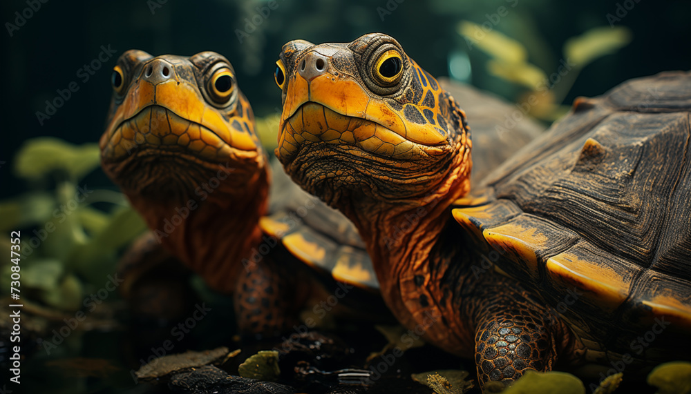 Two ancient creatures, with their smooth shells and curious eyes, share ...