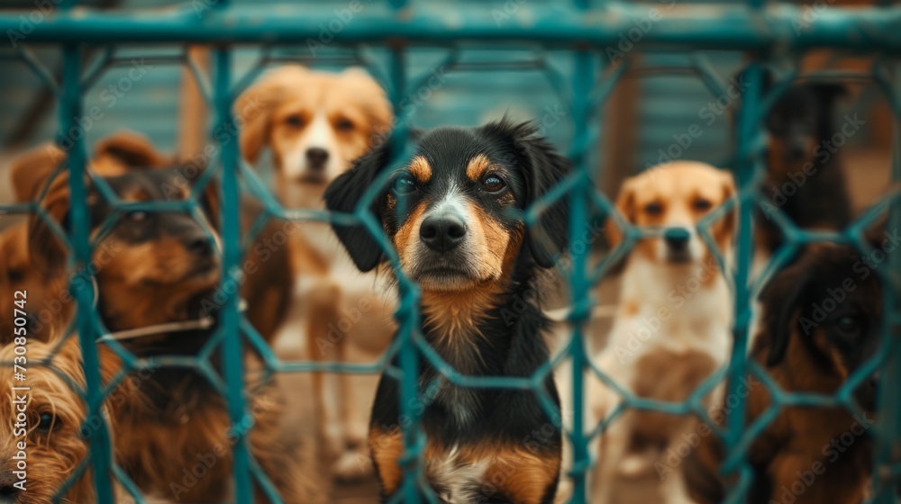 Unwanted and homeless dogs of different breeds in animal shelter ...