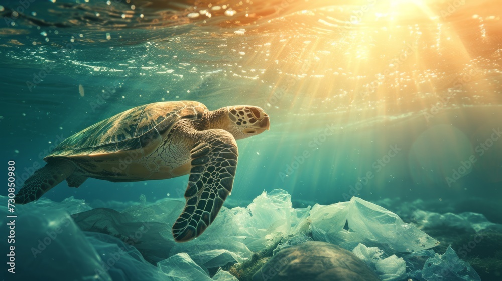 World turtle day and Ocean environmental day. Turtle with plastic in ...