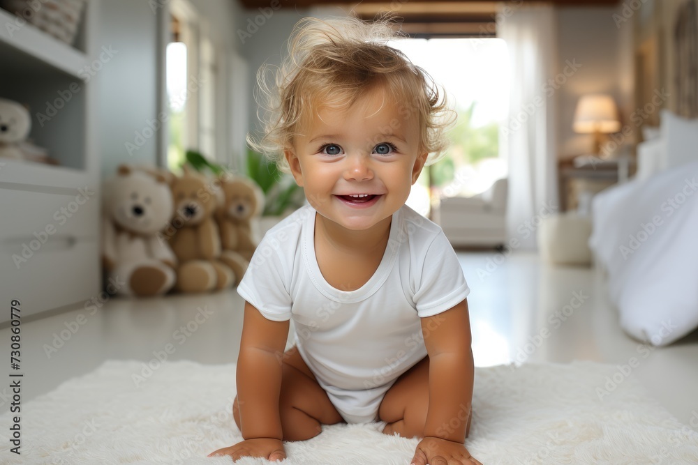Smiling small little baby in diaper crawling on white floor background ...