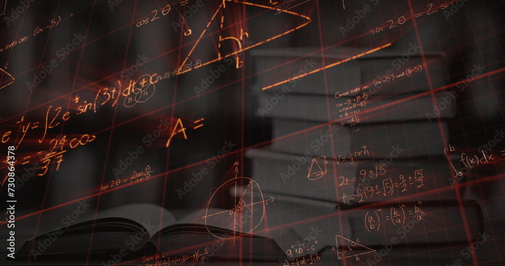 Digital image of glowing mathematical equations with figures moving in ...