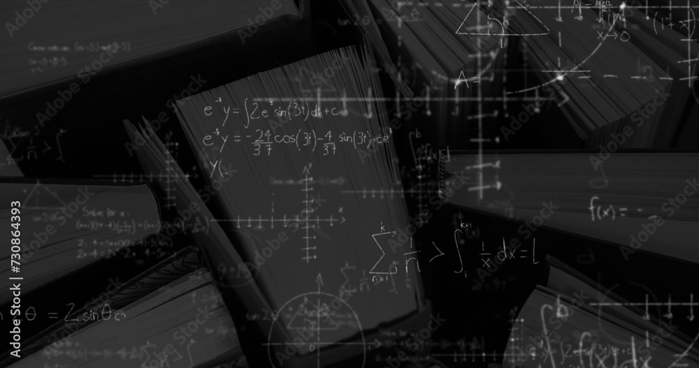 Digital image of mathematical equations with figures zooming in the ...