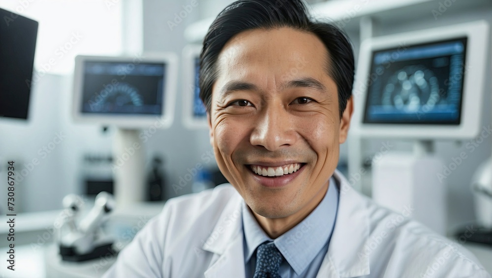 Close-up selfie of a middle-aged Asian male scientist with a cheerful ...