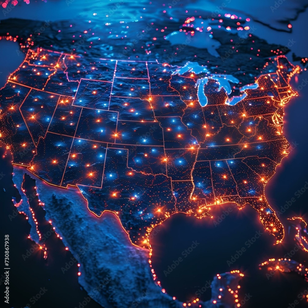 map of united states on a dark background with red and blue lights ...