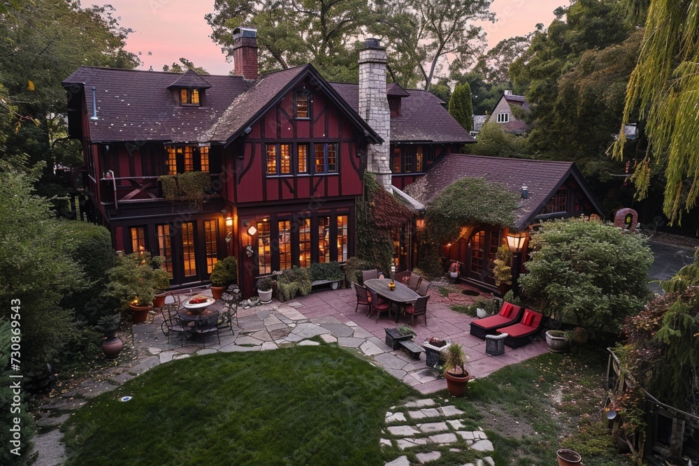 Foto de Eagle view of a craftsman house in a deep burgundy, with a ...