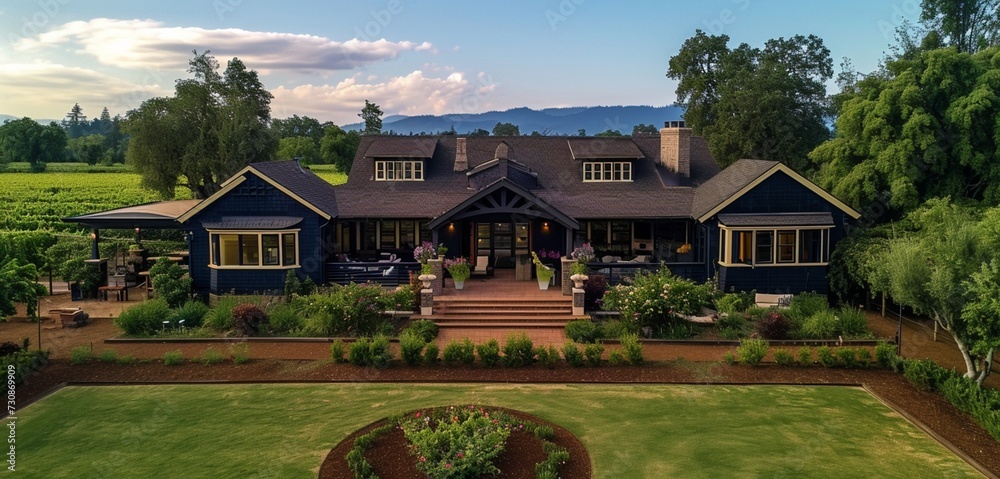 Eagle view of a craftsman house in a rich grape, with a backyard ...