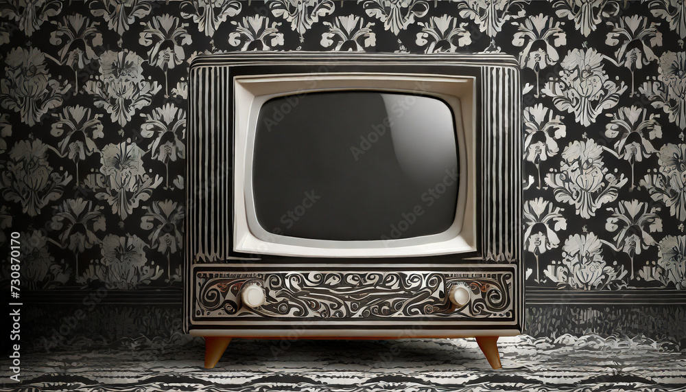 Classic retro 1950s TV set with black screen and blank black Victorian ...