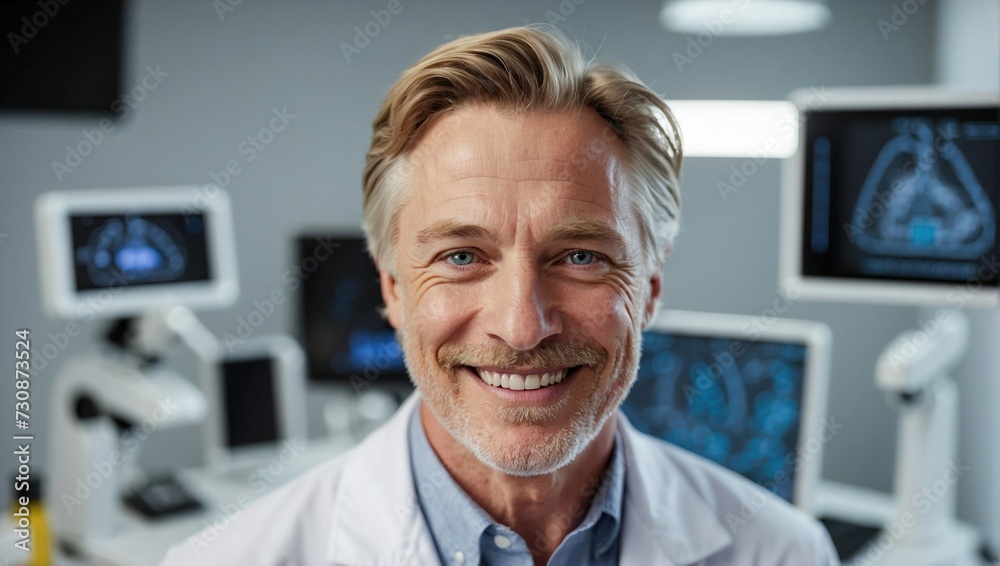 Smiling middle-aged white male scientist with blonde hair, wearing a ...