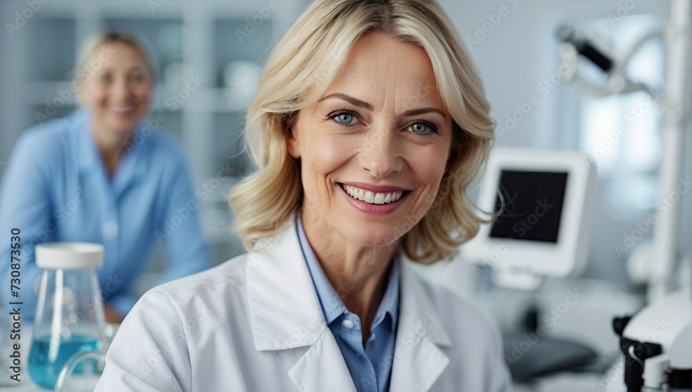 Close-up portrait of a middle-aged white female scientist with short ...