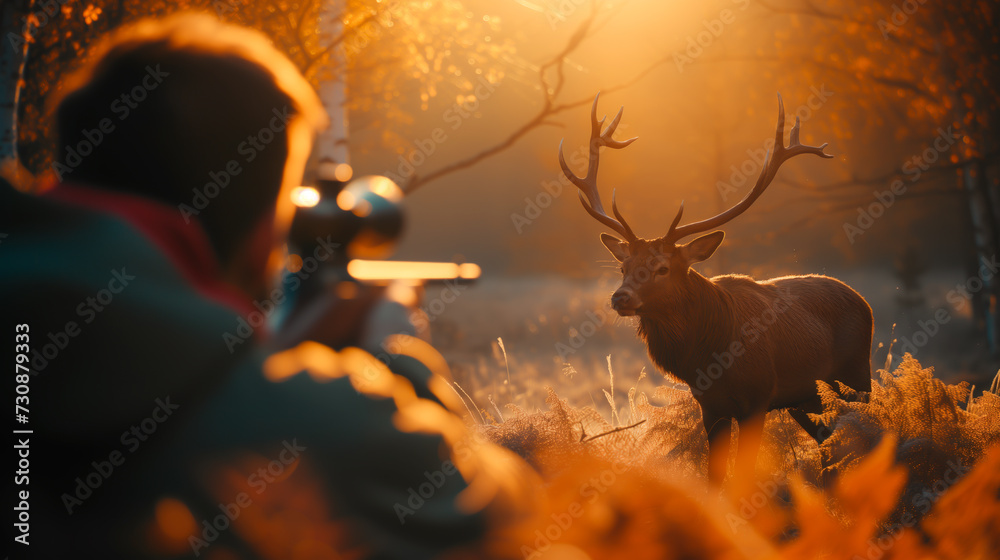 Hunter aiming his rifle at a majestic deer in a golden-lit forest ...