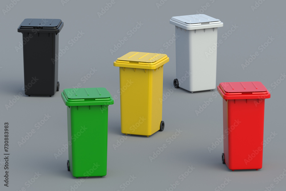 Many scattered recycle bins. Plastic garbage cans. Waste collection ...