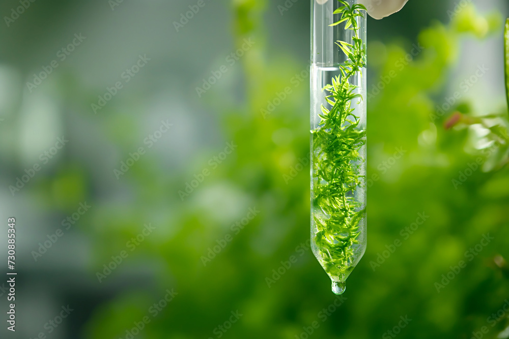 Green algae in a test tube in a laboratory, biology, science ...