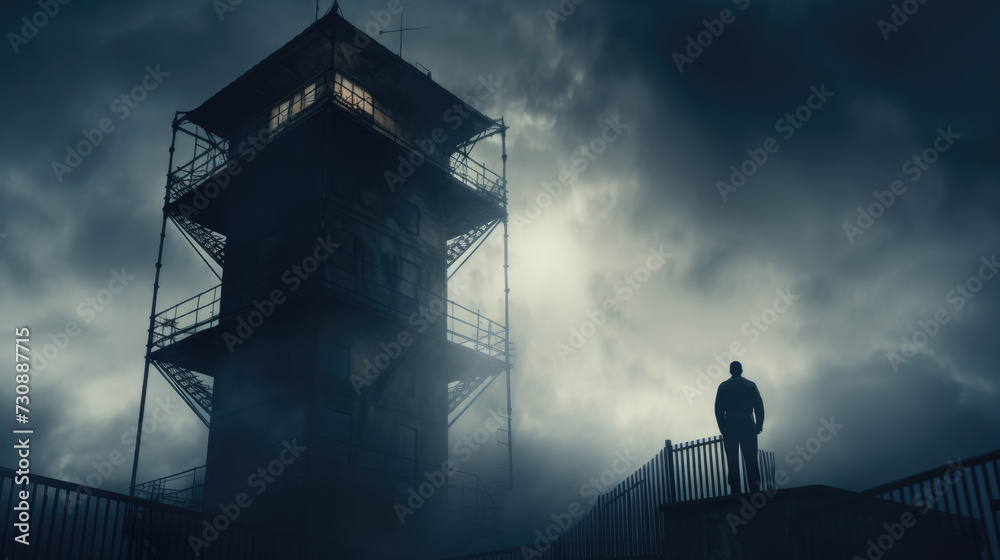 Silhouette of barbed wires and watchtower of prison. Watchtower. A tall ...