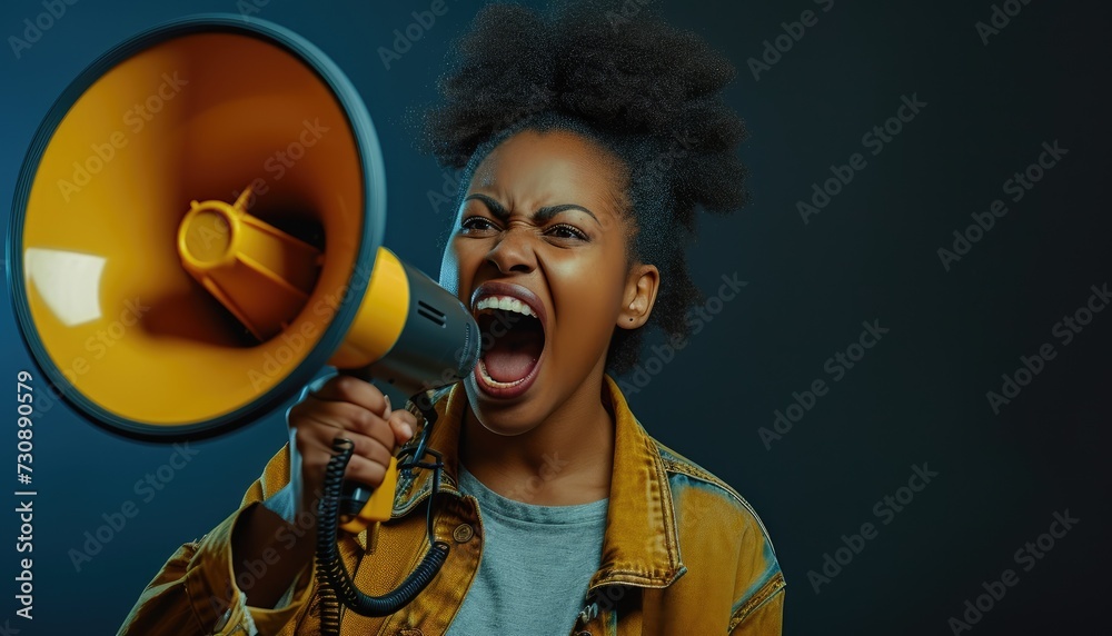 Noisy millennial gen z, girl on black studio background yell shout ...
