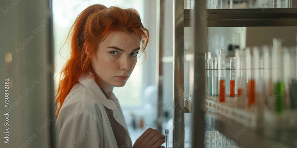 young female lab worker with a serious look and red hair wears a lab ...