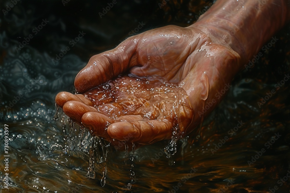 The hand of John the Baptist is raised, water cascading down to ...