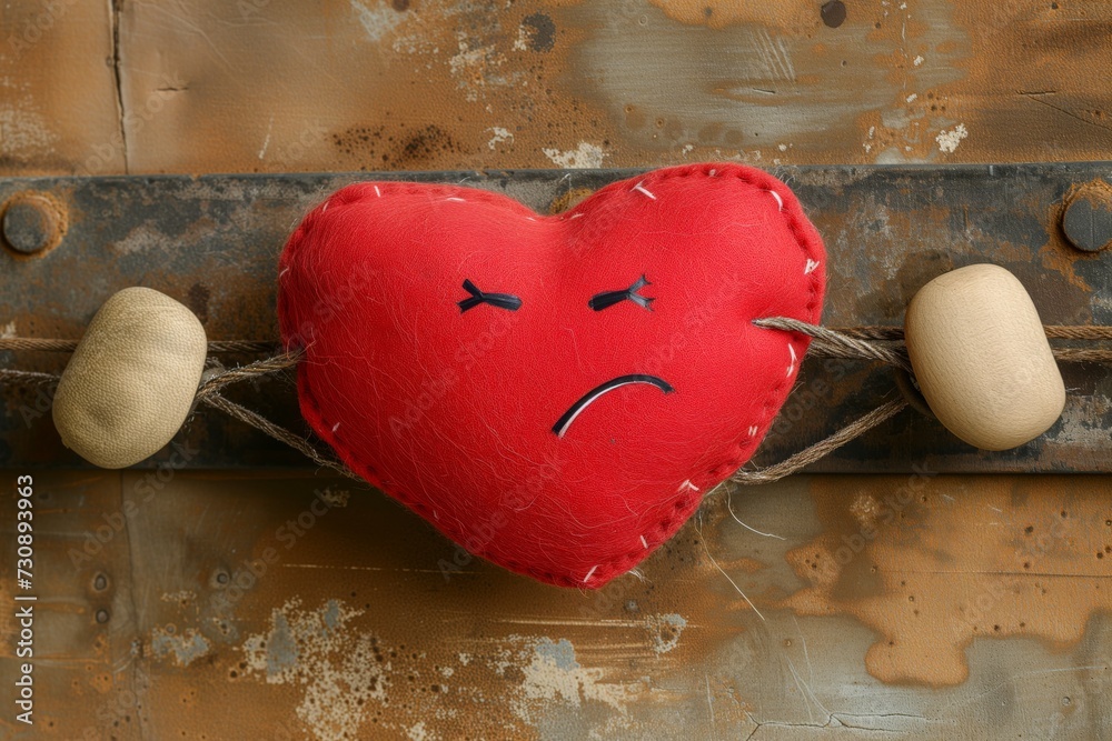 Handmade Red Heart with Sad Expression Suspended by Twine - Symbolic ...