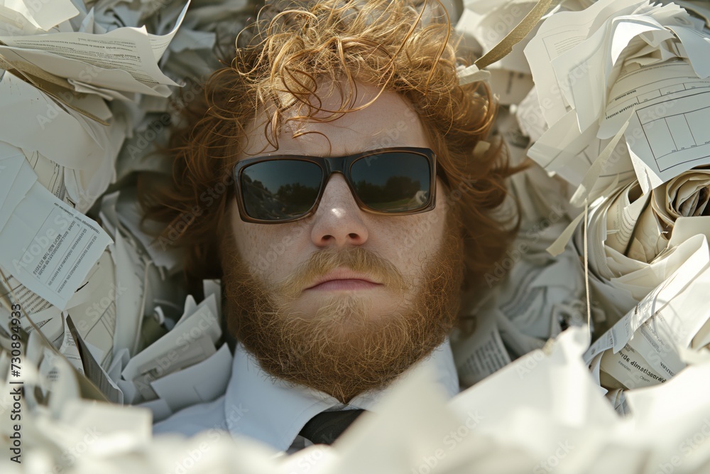 Overwhelmed Man Buried in a Sea of Paperwork, with Sunglasses ...