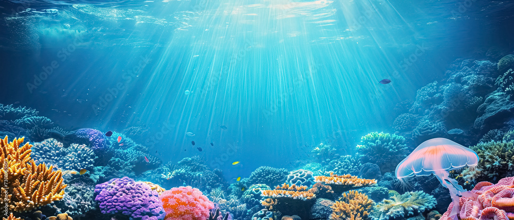 Underwater scenery, light shining through the sea, corals and fish ...
