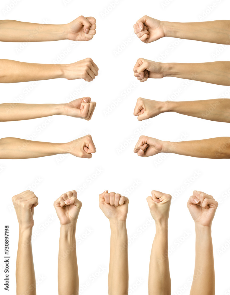 Fist. Multiple images set of female caucasian hand with french manicure ...
