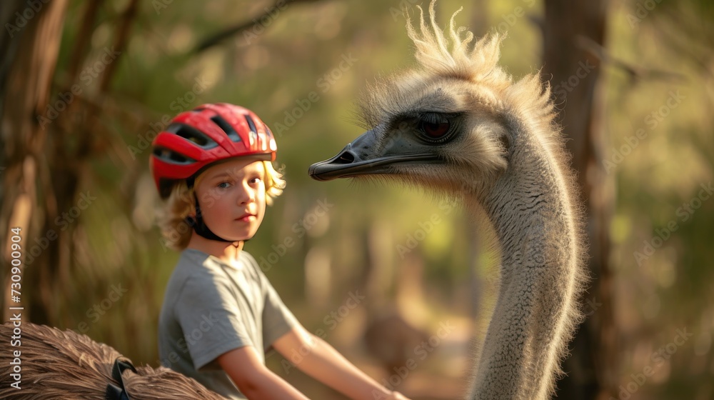 A blond boy wearing a light red bicycle helmet rides an emu. Stock ...