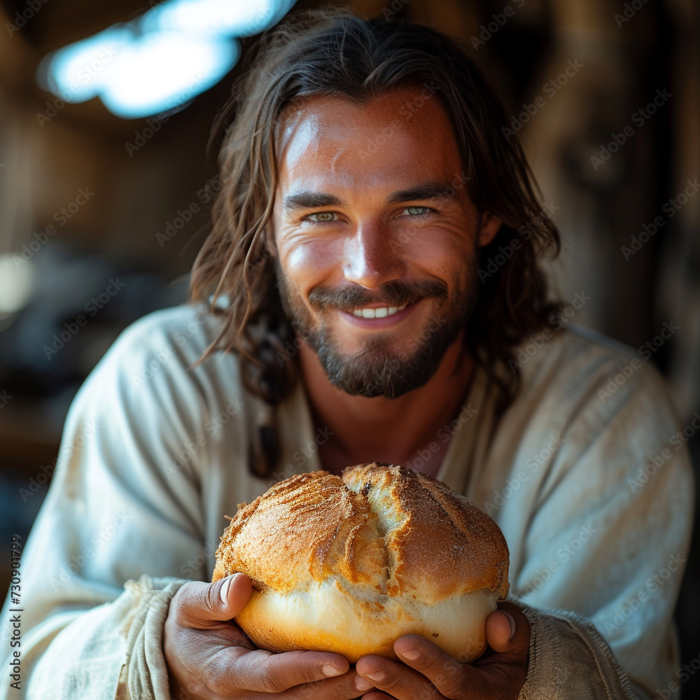 Jesus Christ holds bread. Religious Christian photography for church ...