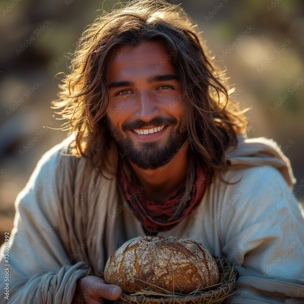 Jesus Christ holds bread. Religious Christian photography for church ...