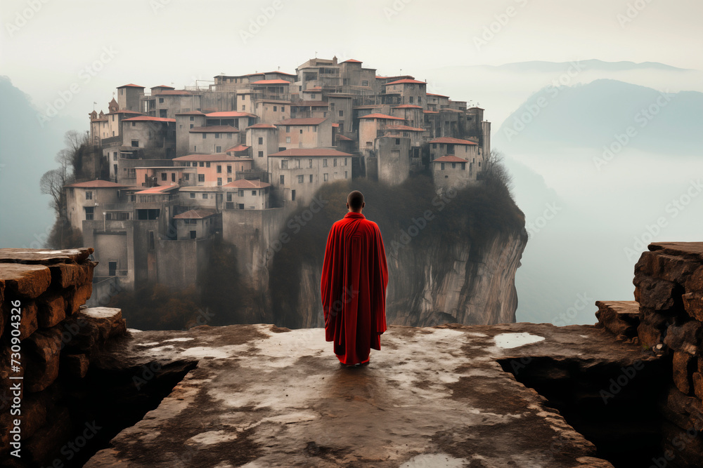 monk dressed in red in front of some ruins of a civilization Stock ...