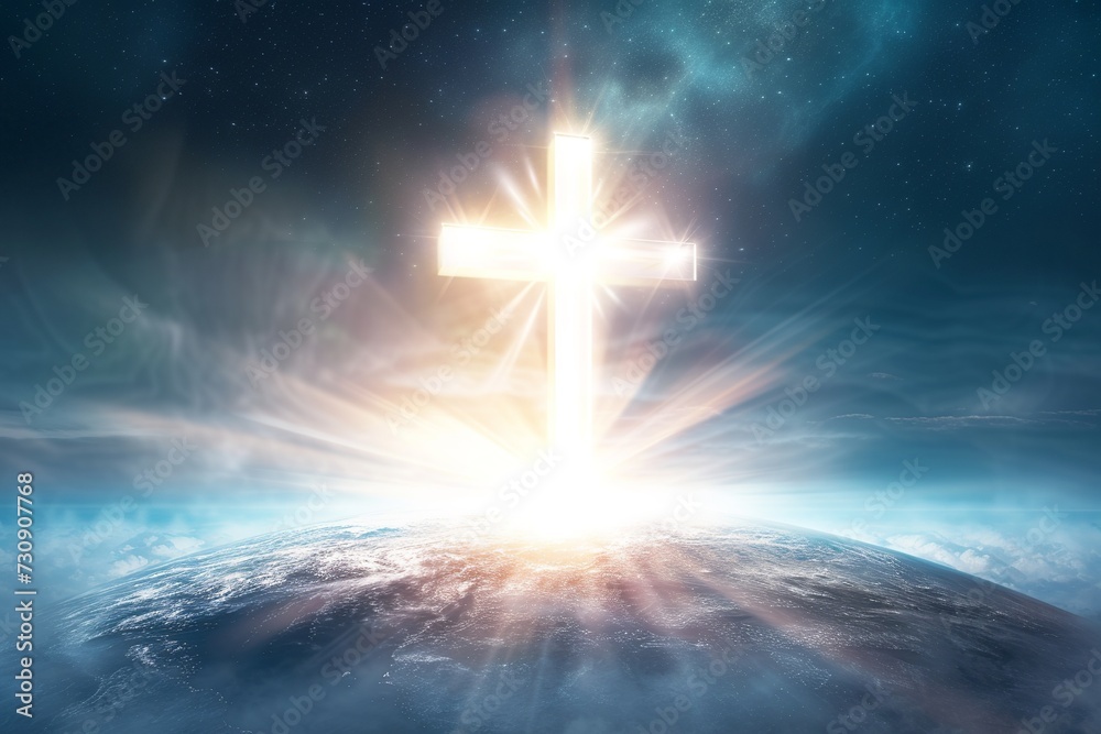 The Cross of Jesus Christ stands superimposed on an Earth globe, with ...