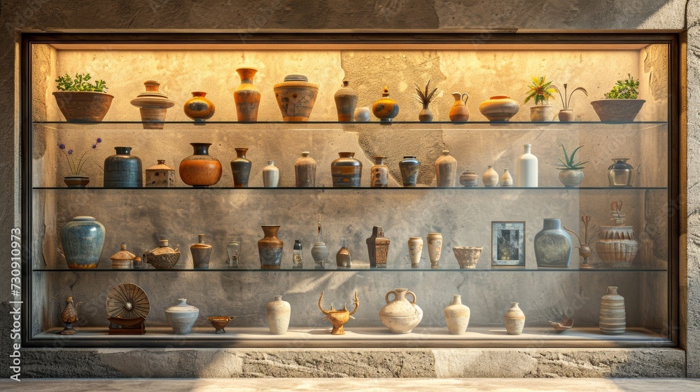 Archaeological biblical finds on a museum display shelf ancient works ...