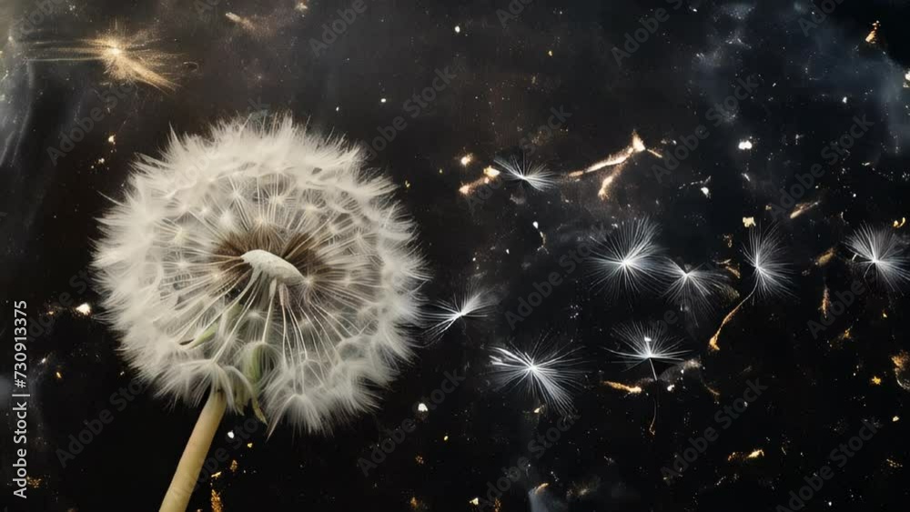 Dandelion fluff is being blown by the wind, appearing to dance against ...