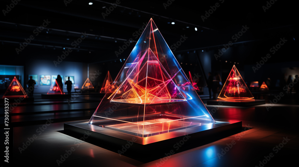 Abstract 3d illustration of a glass pyramid in a dark room , Nighttime ...