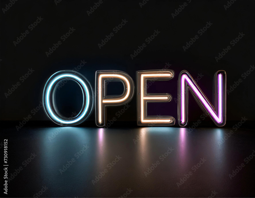 A palavra "OPEN" escrita com luz de neon, com fundo preto e superfície ...