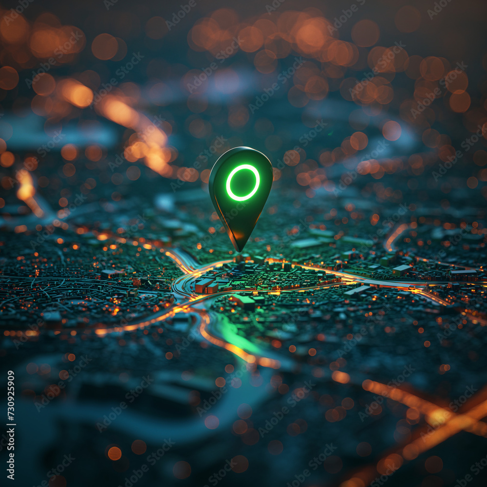 The green glowing marker stands out on the digital map. which ...