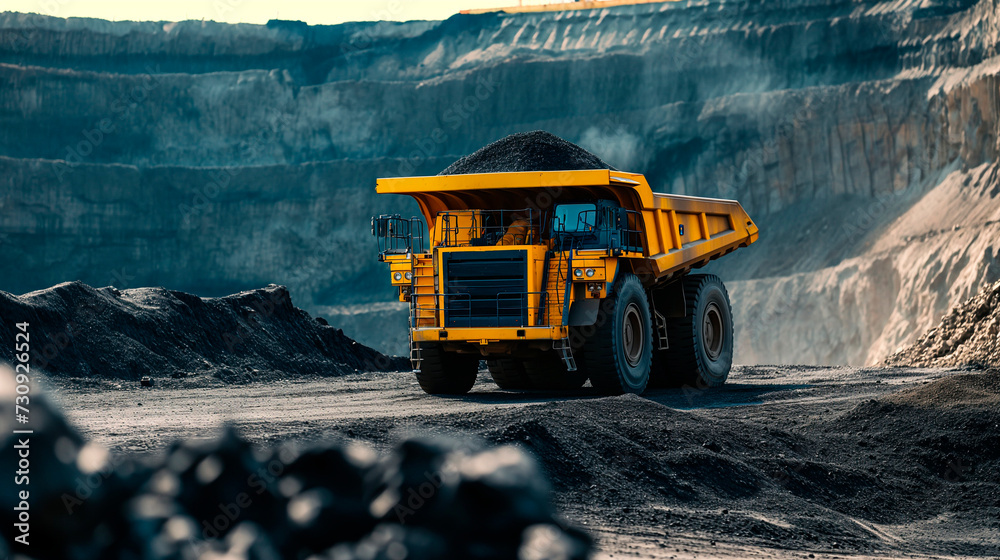 Excavator loads rock formation into the back of a heavy mining dump ...