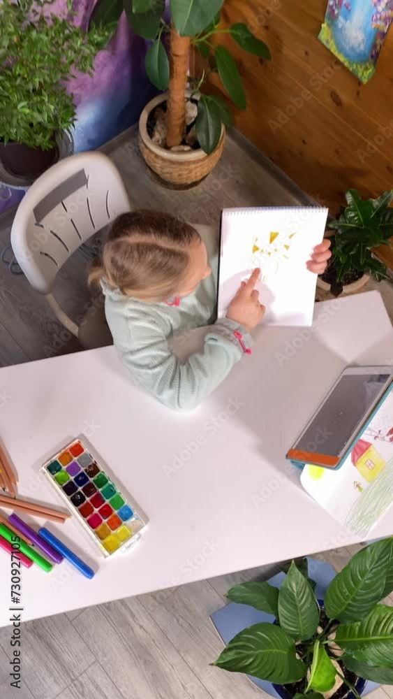 Creative broadcasting, childhood hobby. Vertical of little kid blogger ...