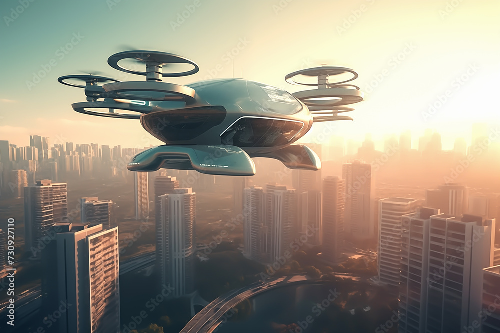 Flying car in sky. Electric air car flight above a cityscape. Future ...