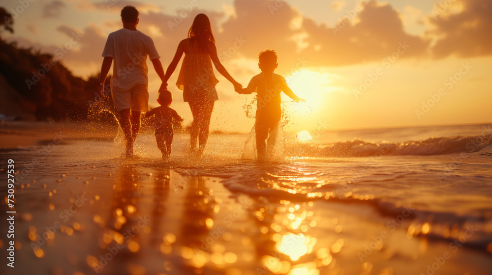 Family Enjoying Sunset Walk on the Beach. Back view of a family holding ...