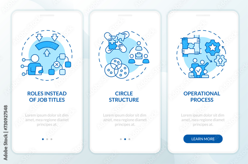 Holacracy elements blue onboarding mobile app screen. Governance ...