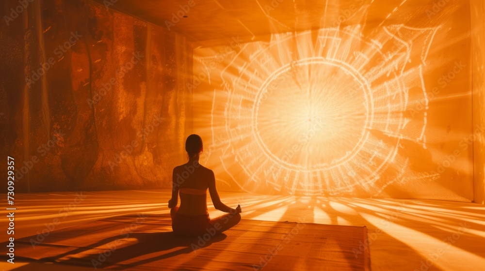 Meditative silhouette of a person in a sunlit yoga pose within an ...