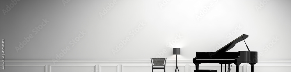 Ultra panoramic image of a black piano with large copy space for text ...