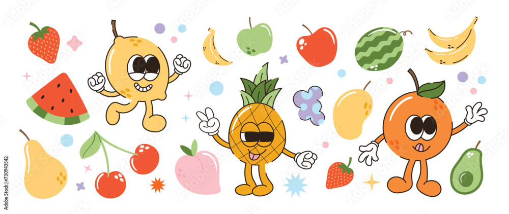 Set of fresh fruit groovy element vector. Funky fruits character design ...