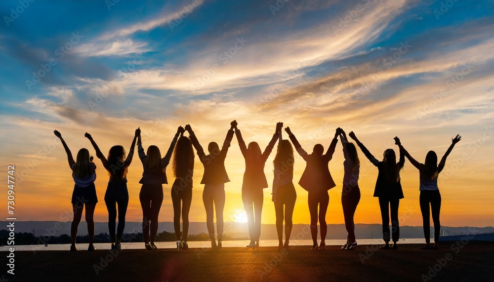 silhouette of group happy business team making high hands over head in ...
