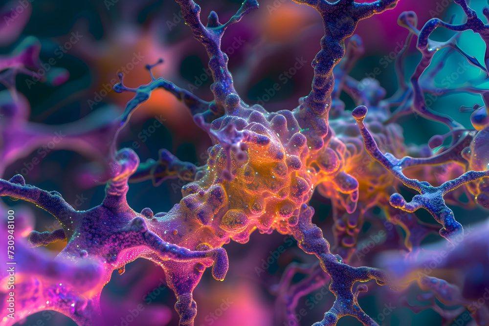 view of a neuron. The cell body of the neuron appears as a sphere, and ...